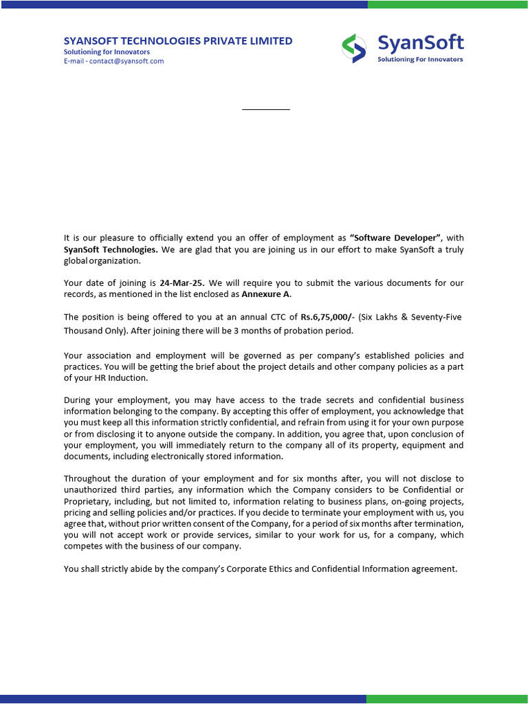 Offer Letter - Prince Gupta | PDF