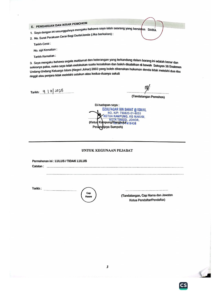 Borang Ketua Kampung Caca | PDF