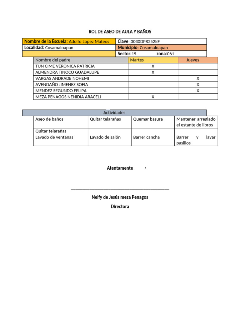 Rol de Aseo de Aula y Baños | PDF