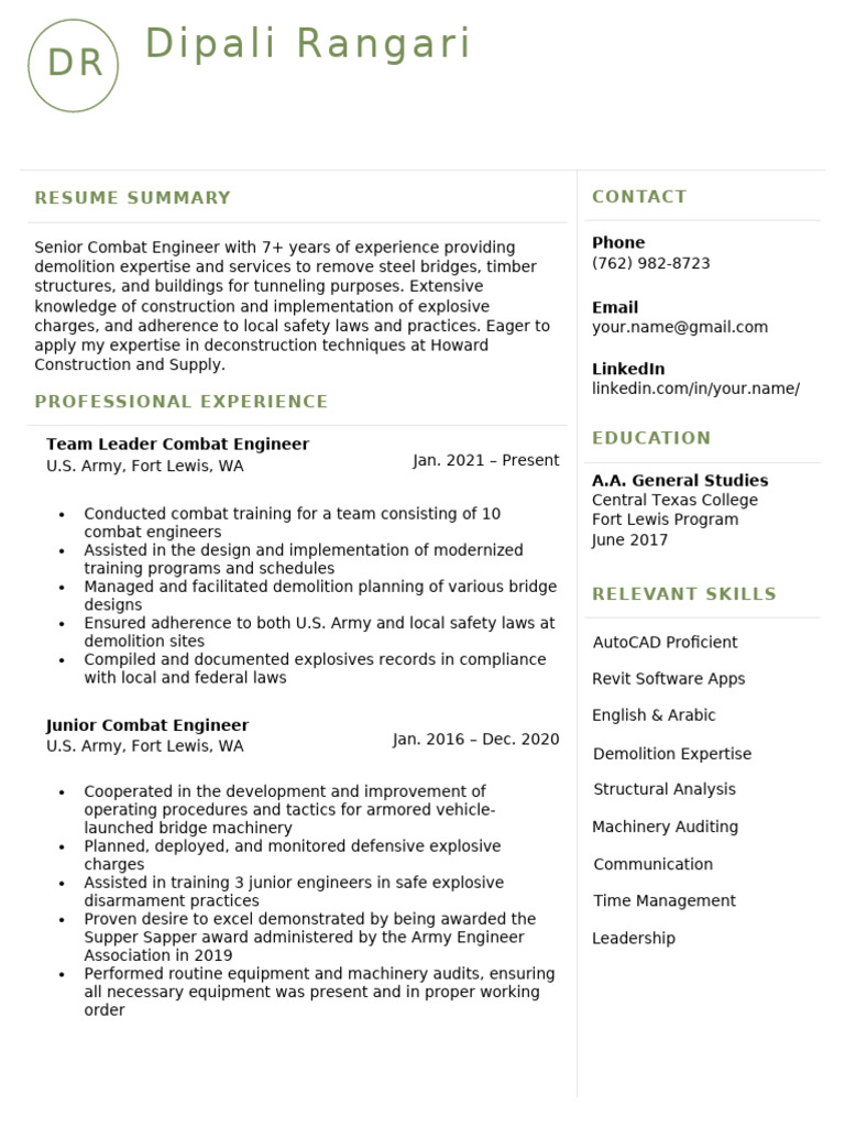 Military To Civilian Resume Example | PDF | Résumé | Demolition