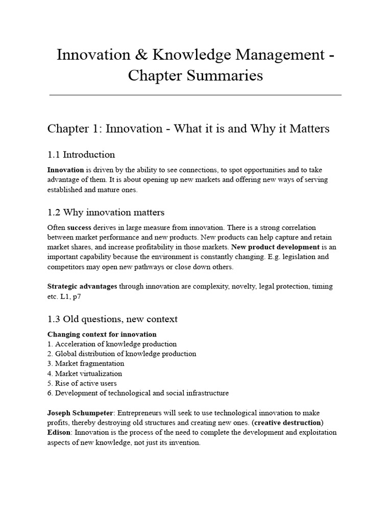 Innovation & Knowledge Management - Chapter Summaries | PDF | Innovation | Cognition