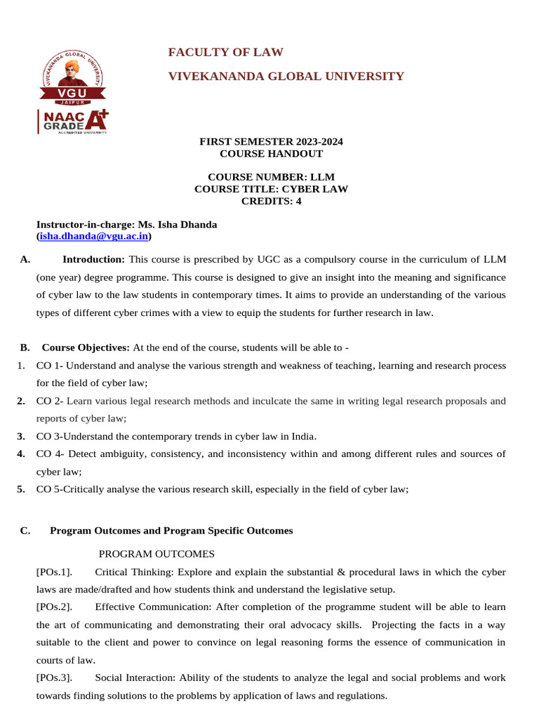 Cyber Law Course Handout 2023-24 | PDF