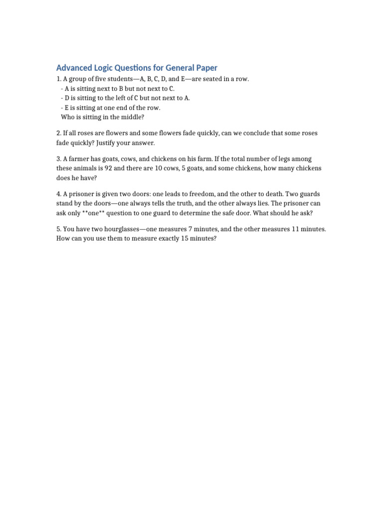 Advanced Logic Puzzles and Questions | PDF