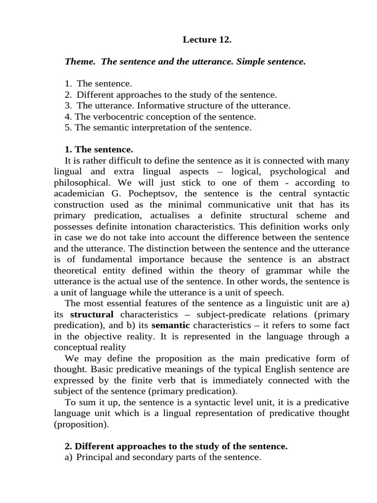Lecture 12. the Sentence and the Utterance. Simple Sentence. | PDF ...