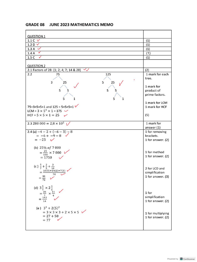 Grade 8 Maths Memo June 2023 | PDF