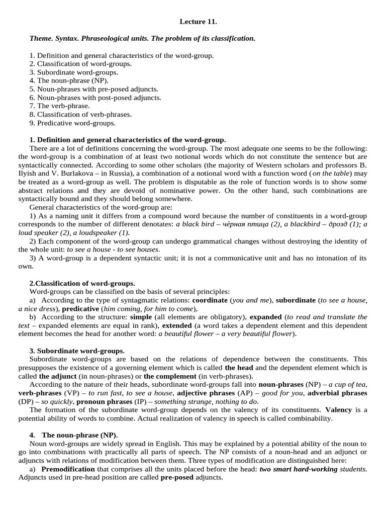 Lecture 11. Syntax. Phraseological Units. the Problem of Its Classification. | PDF | Adjective ...
