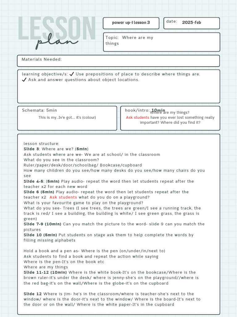 Prepositions Lesson Plan for Preschoolers | PDF | Classroom | Learning