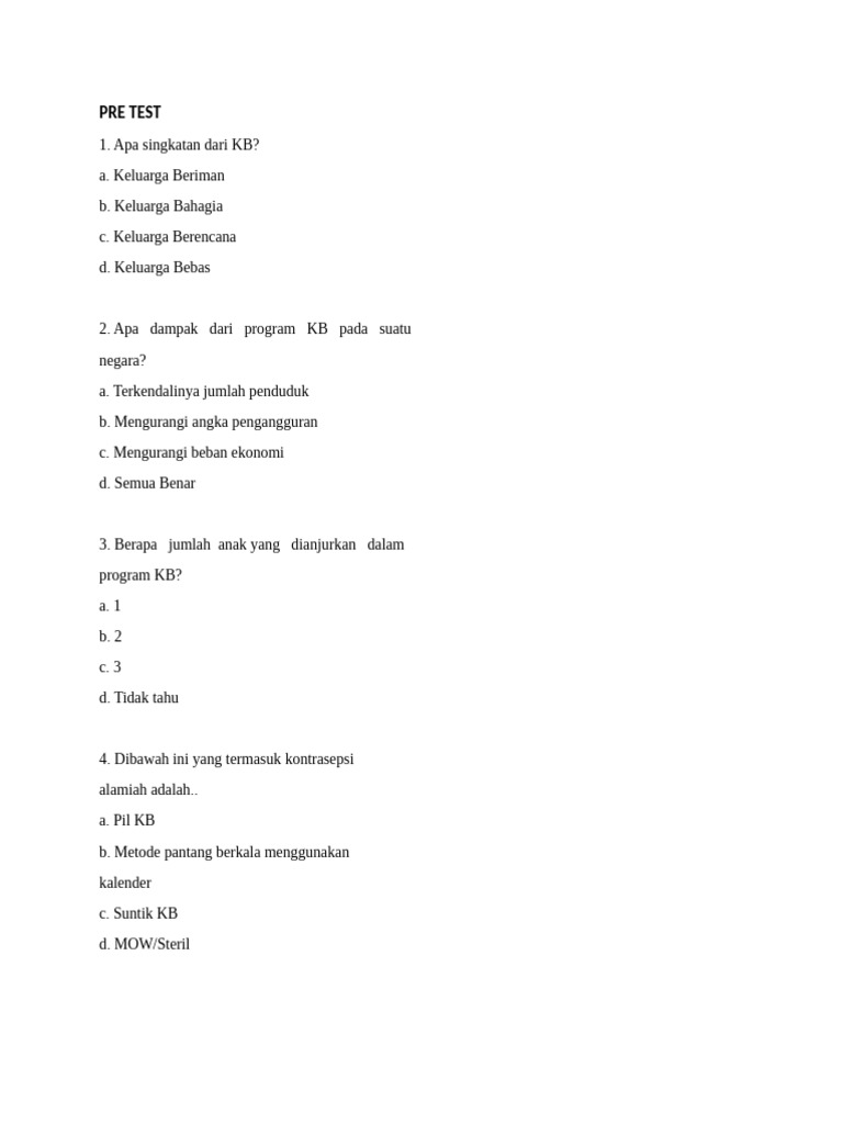 Tes Pengetahuan Kontrasepsi KB | PDF