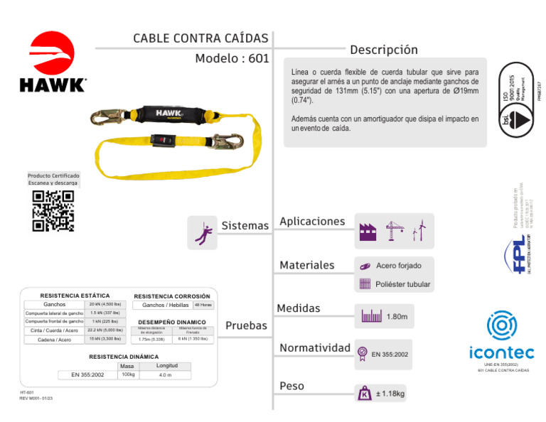 Modelo: 601 Descripción Cable Contra Caídas: Aplicaciones Sistemas | PDF | Bienes manufacturados