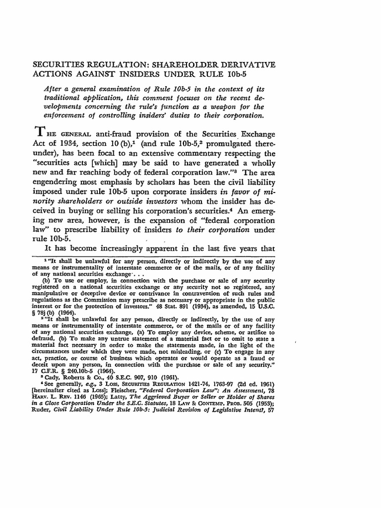 Securities Regulation - Shareholder Derivative Actions Against Ins | PDF | Securities Act Of ...