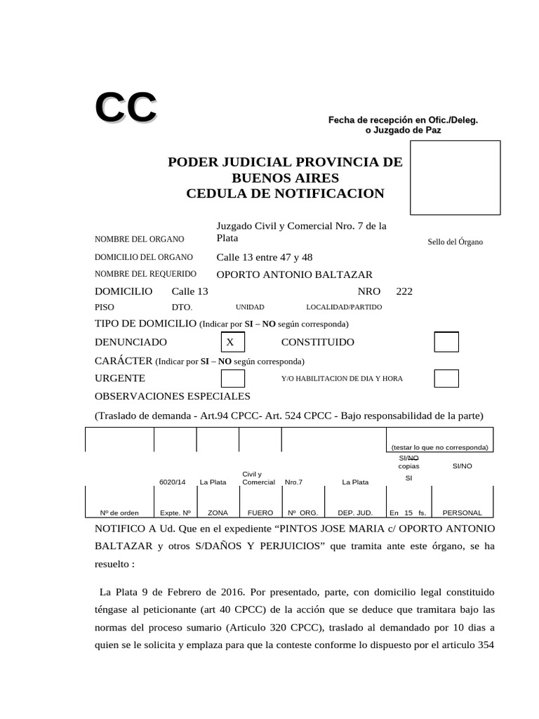 13 - Cedula de Traslado de Demanda | PDF | Demanda judicial | Ley Pública