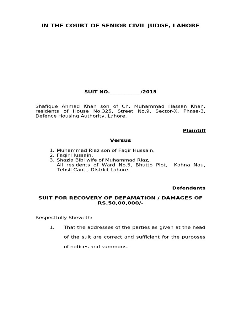 Shafique Ahmad Khan VS Muhammad Riaz Etc. (Suit For Defamation) | PDF ...