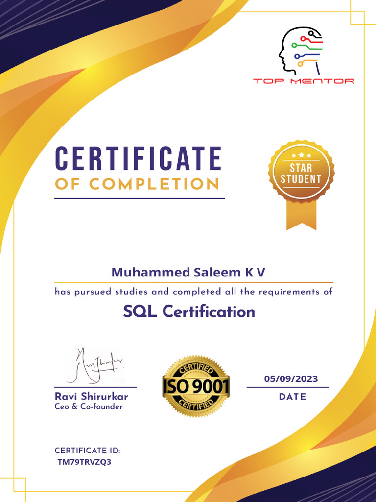 Muhammed Saleem K v SQL Certificate | PDF