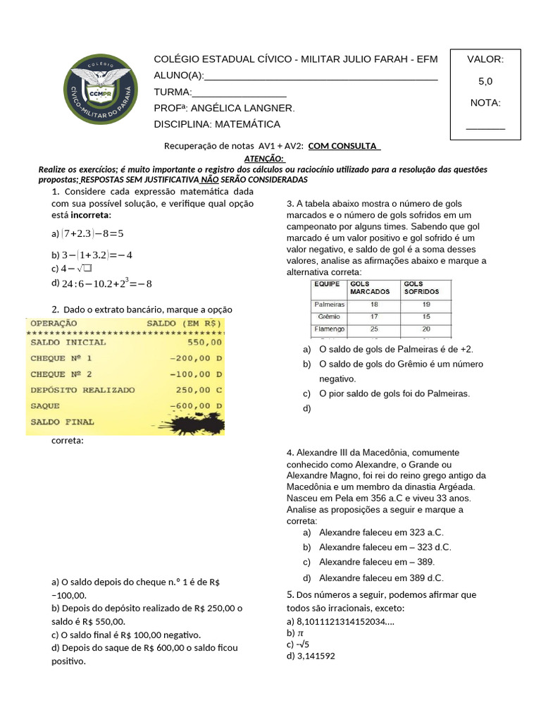 ALUNO MATEMÁTICA. 1º Trimestre - AV2 SIMULADO | PDF | Número racional | Números