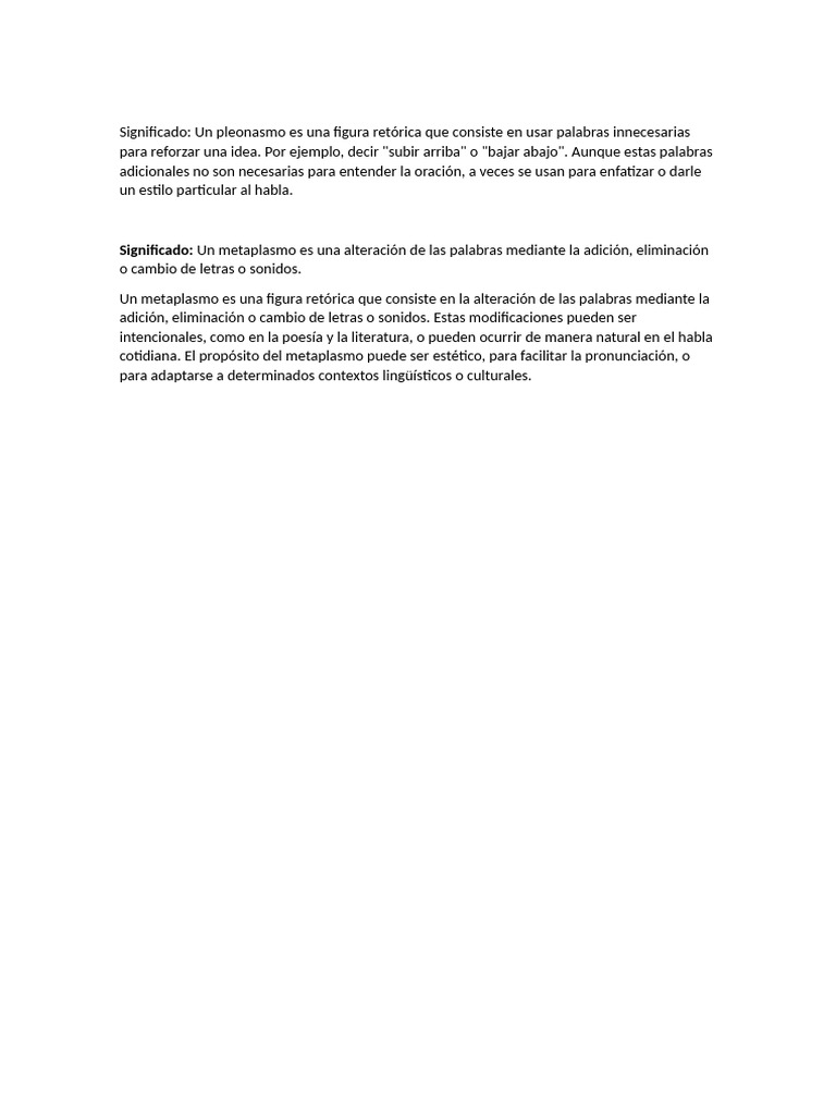 Pleonasmo y Metaplasmo: Definiciones y Ejemplos | PDF | Maestros | Retórica