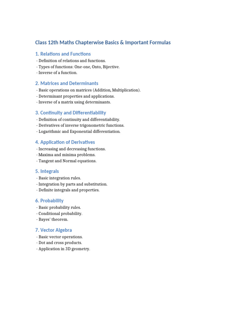 Class 12 Maths Formulas and Concepts | PDF
