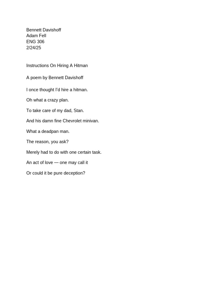 ENG 306_ Instructions Poem - Bennett Davishoff | PDF