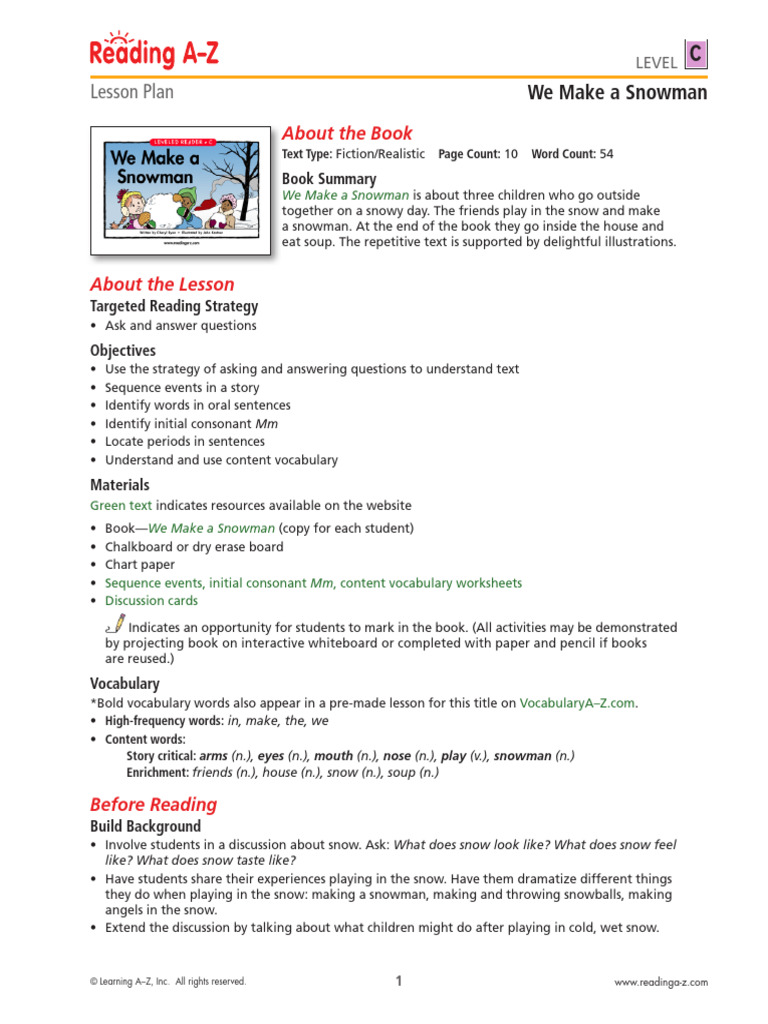 Snowman Lesson Plan for Kids | PDF | Reading Comprehension | Applied ...