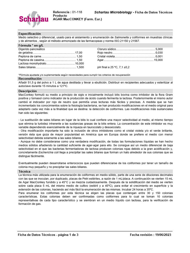 Ficha Técnica Del Agar MacConkey | PDF | Microbiología