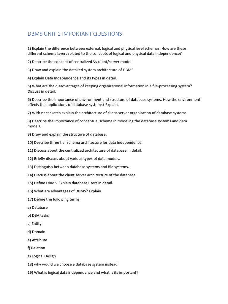 DBMS Unit 1 Important Questions | PDF