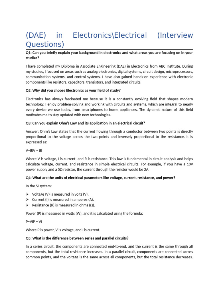 (DAE) in Electronics-Electrical-Interview Questions | PDF | Bipolar ...