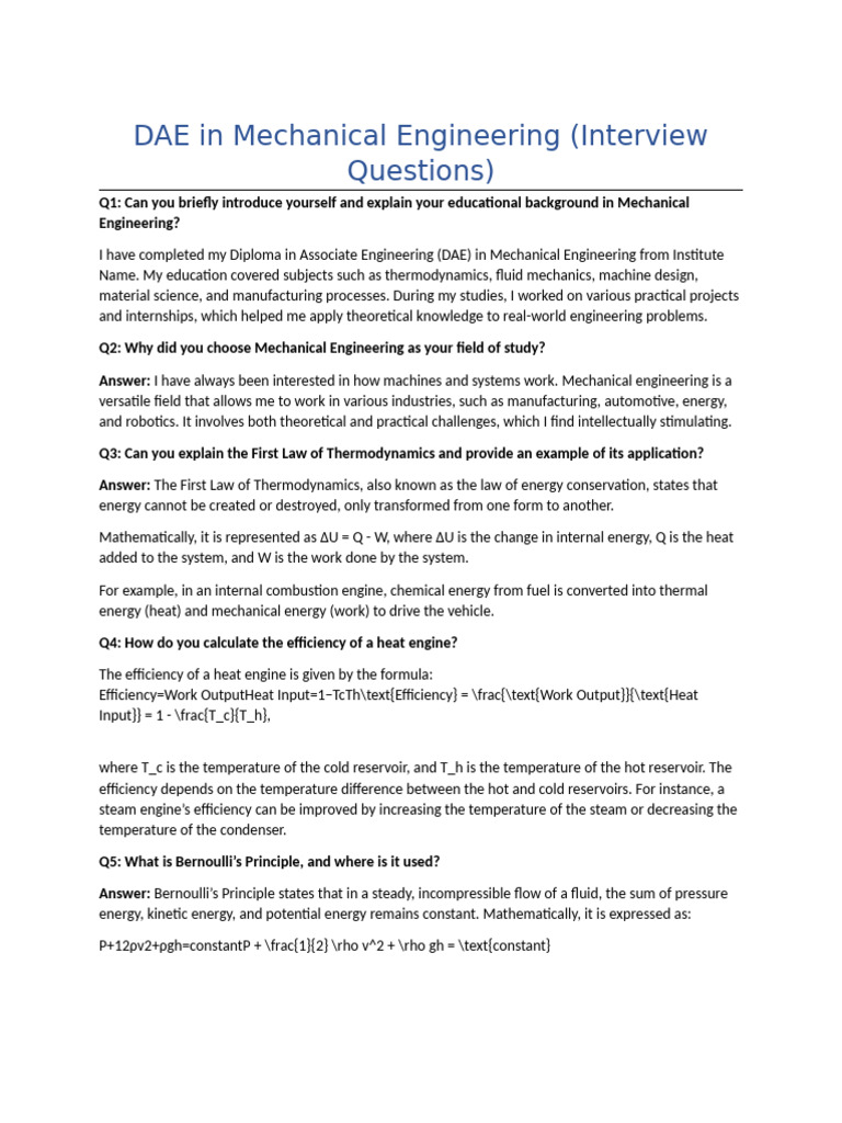 DAE in Mechanical Engineering-Interview Questions | PDF | Force | Engines