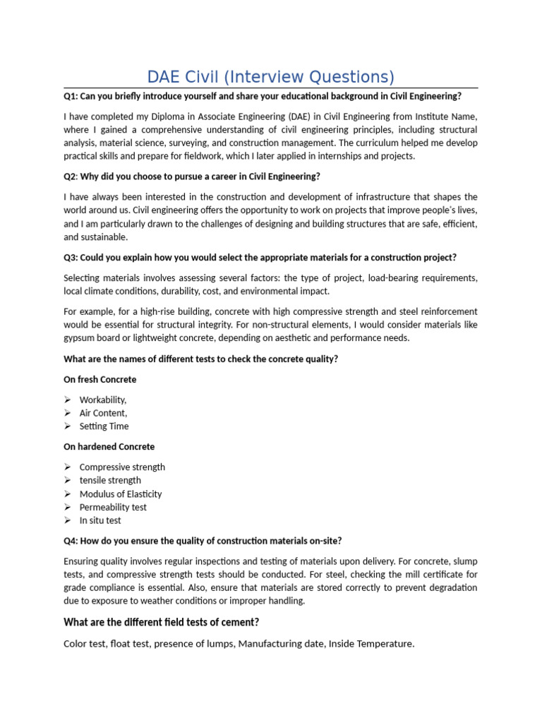 DAE Civil-Interview Questions | PDF | Concrete | Surveying