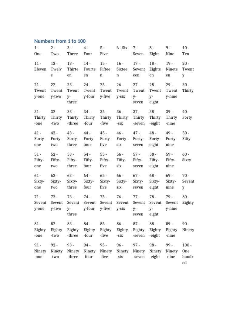 Numbers 1 To 100 | PDF