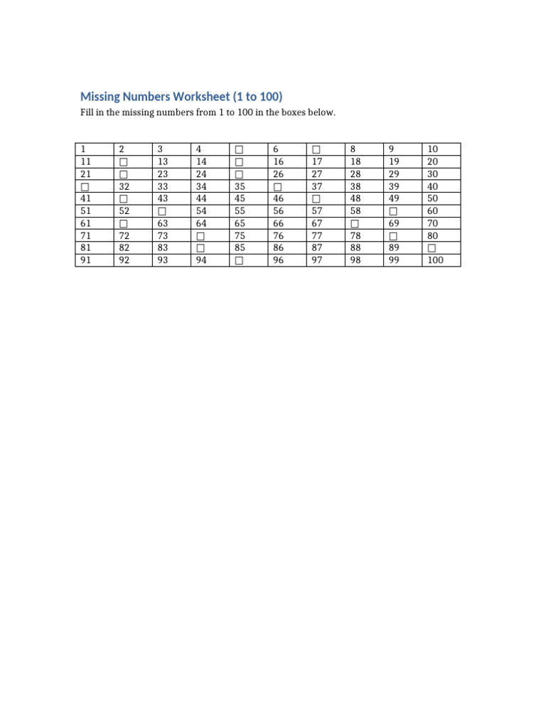 Missing Numbers Worksheet 1-100 | PDF