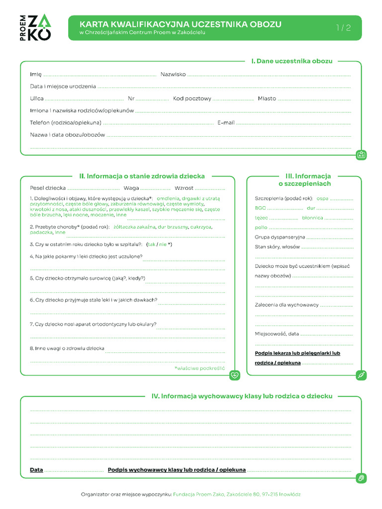 Karta Kwalifikacyjna Uczestnika Obozu ProemZako 1 | PDF