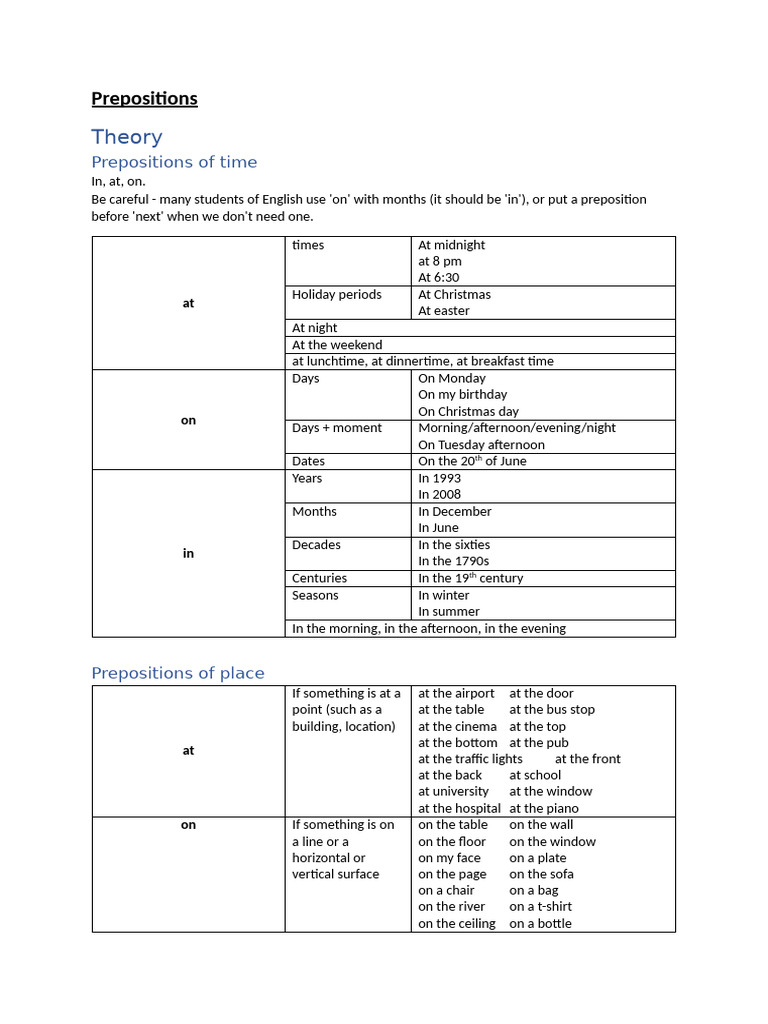 Prepositions Theory and Exercises | PDF | Verb