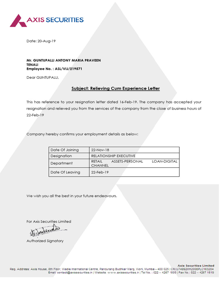 Axis Relieving Letter | PDF