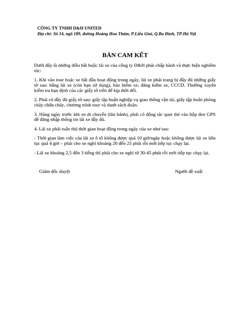 BẢN CAM KẾT CỦA LÁI XE D&H | PDF