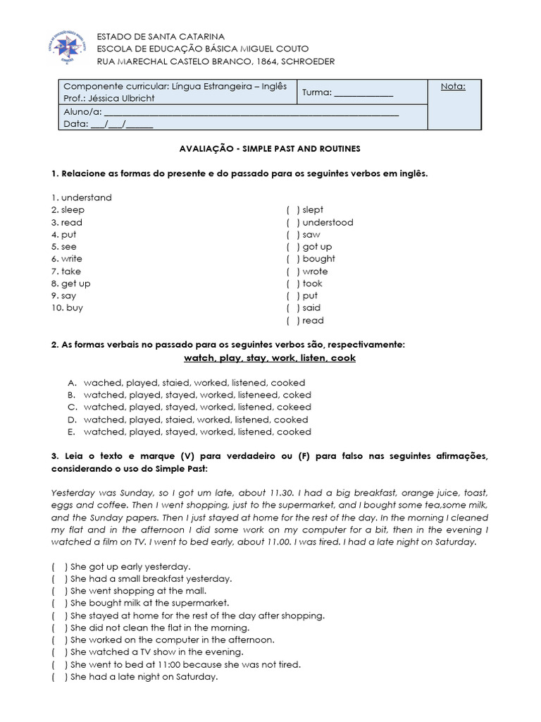English Test Simple Past - 200 | PDF | Meal | Cuisine