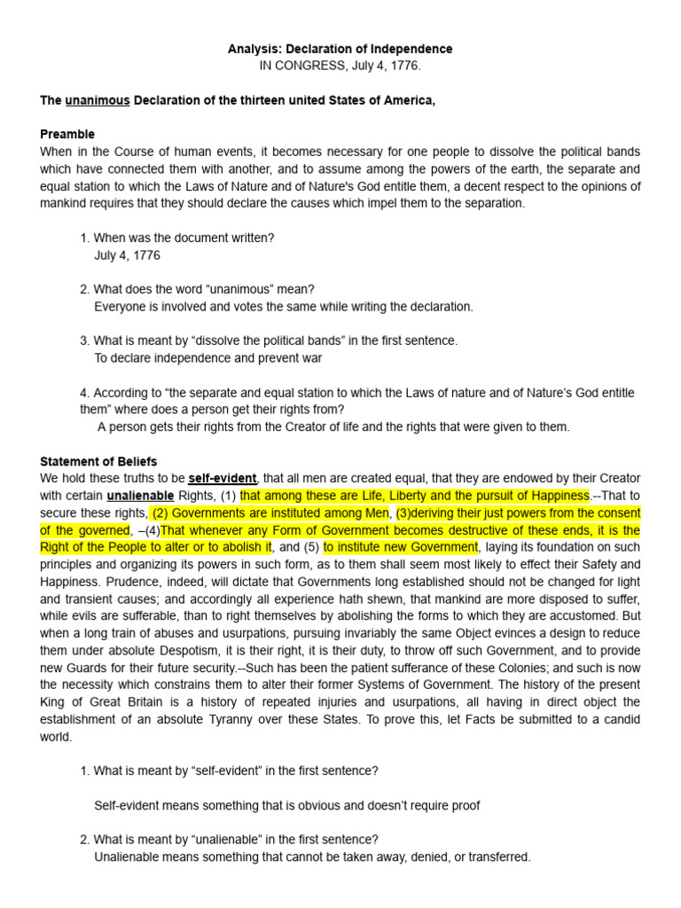 Analysis of the Declaration of Independence | PDF | United States ...