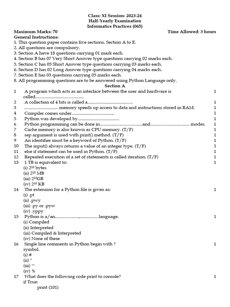 Class XI Session 2023-24 Half-Yearly Examination Informatics Practices (065) | PDF | Python ...
