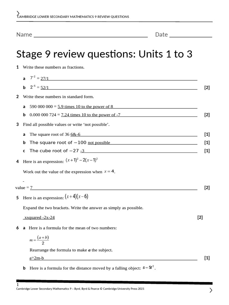 year 9 unit 1-3 review questions--week 2 (2) | PDF | Area ...