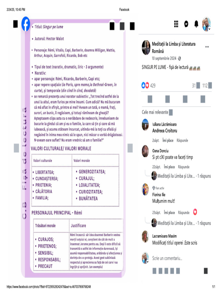 Fisa de Lectura SIngur Pe Lume | PDF