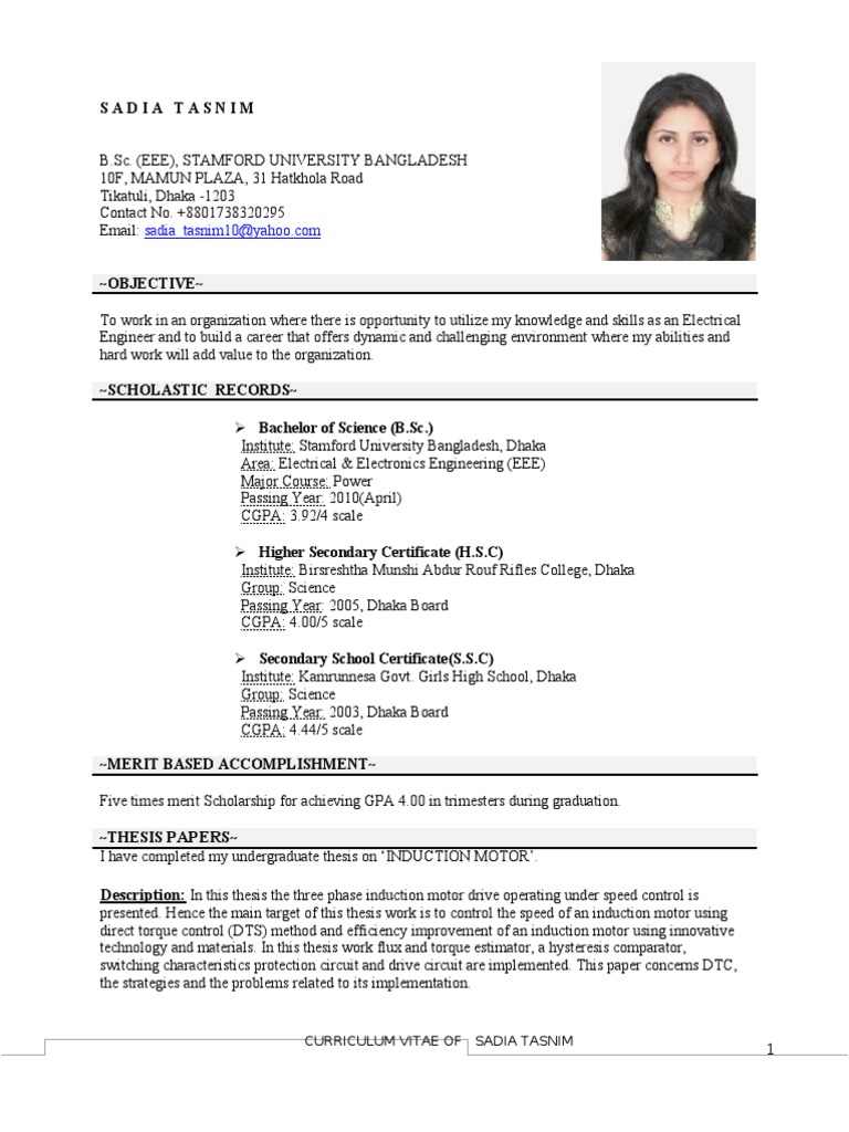 Curriculum Vitae-Sadia Tasnim | PDF | Electrical Engineering | Thesis