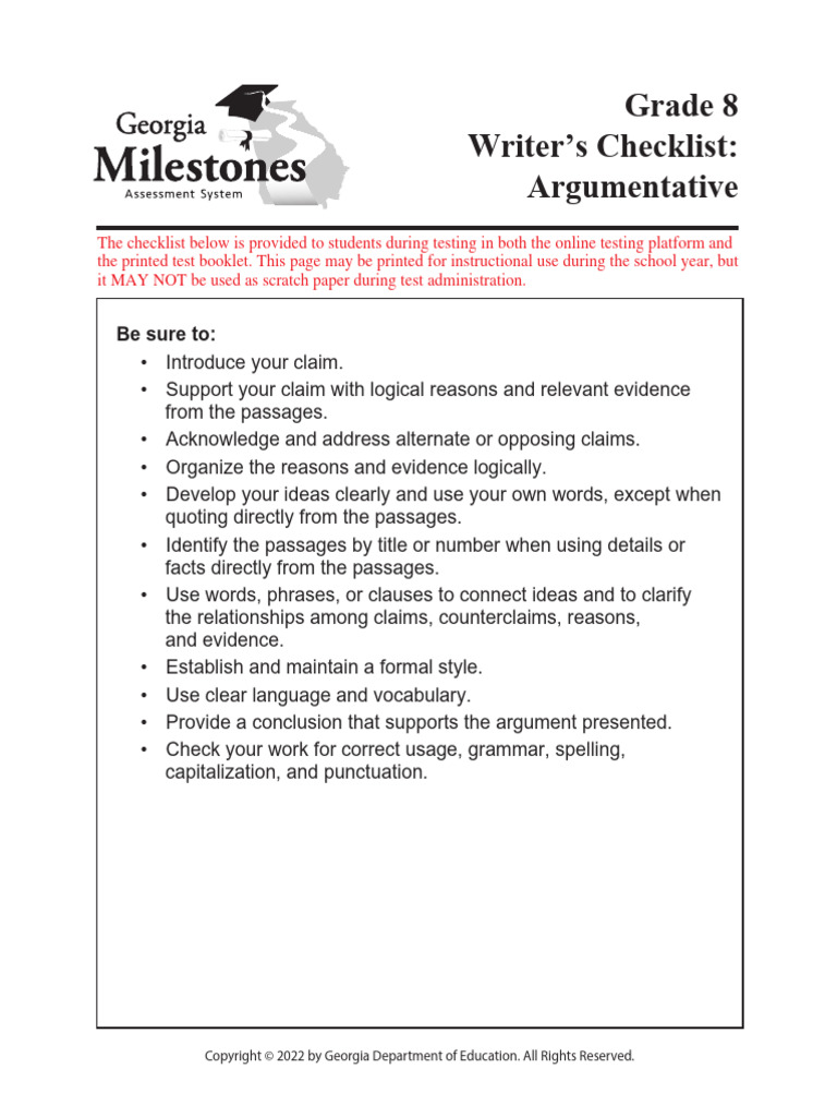Milestones Argument Checklist | PDF