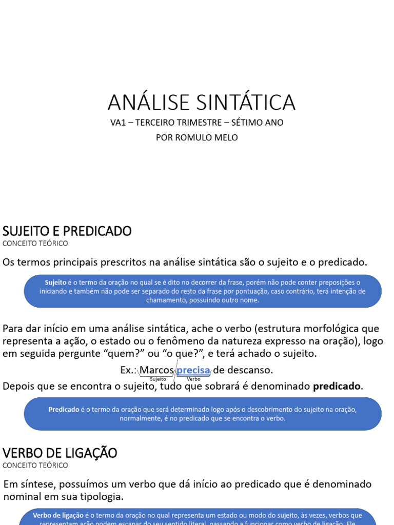 Análise Sintática - Va1 Terceiro Trimestre | PDF | Assunto (gramática) | Predicado (gramática)