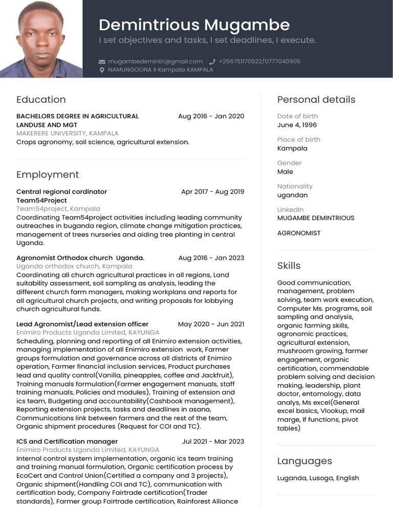 1 Resume Demintrious Mugambe | PDF | Agronomy | Uganda