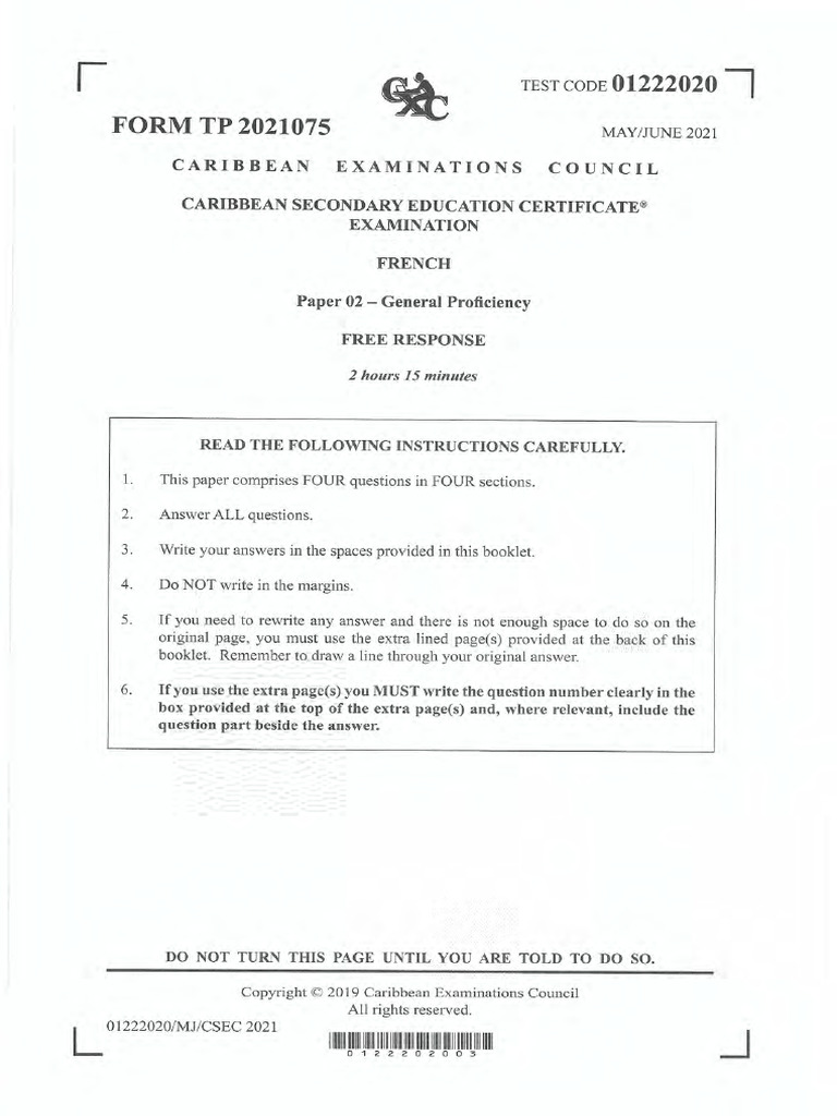 CSEC French P2 2021 MJ | PDF