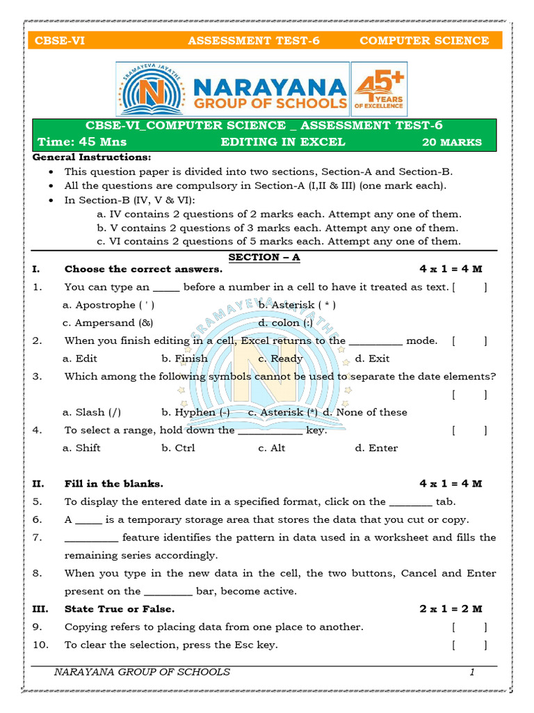 CBSE - VI - Computer Science-ASSESSMENT TEST-6 - QP | PDF | Computing