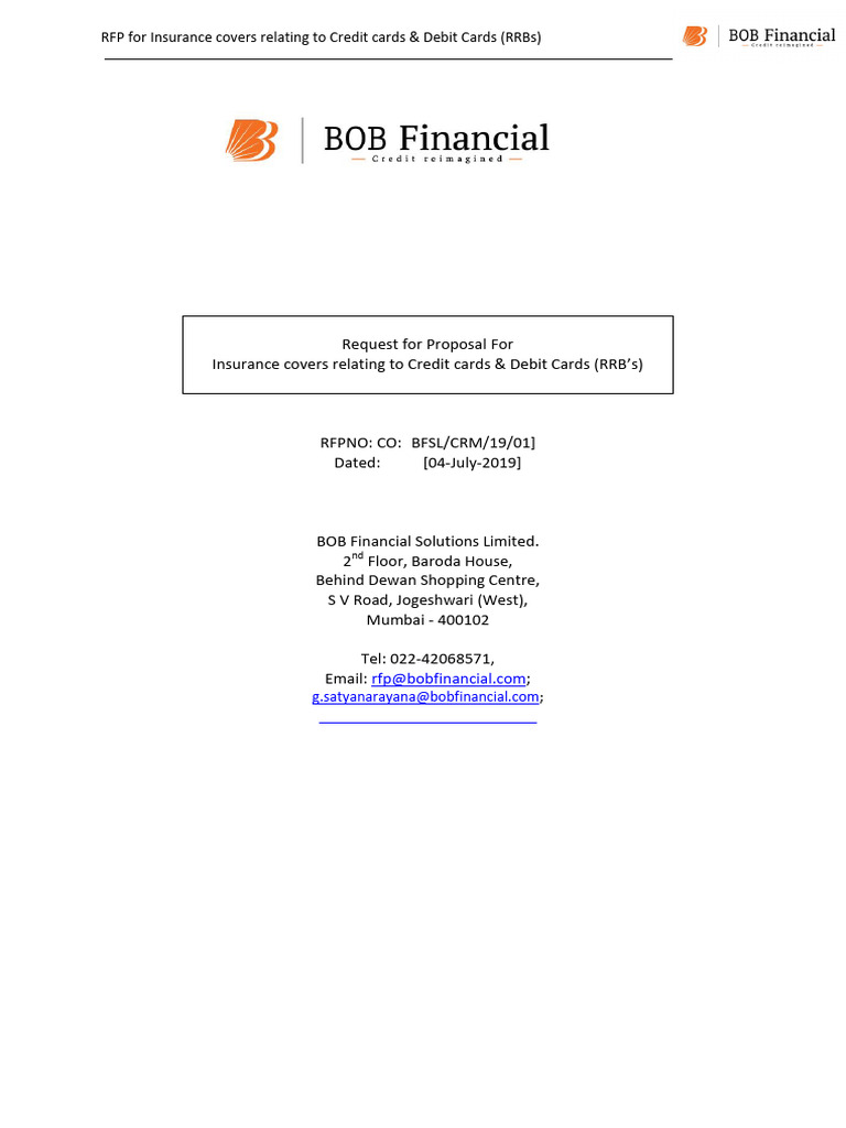 RFP for Insurance cover for Credit Card and Debit Card | PDF | Credit ...