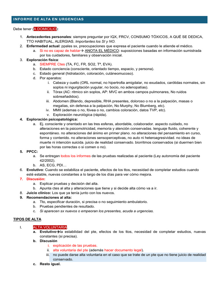 RESUMEN Informe de Alta en Urgencias y Traslado Del Paciente | PDF ...