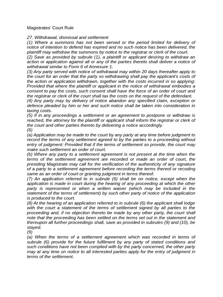Magistrates' Court Rule 27 - Withdrawal, Dismissal and Settlement | PDF ...