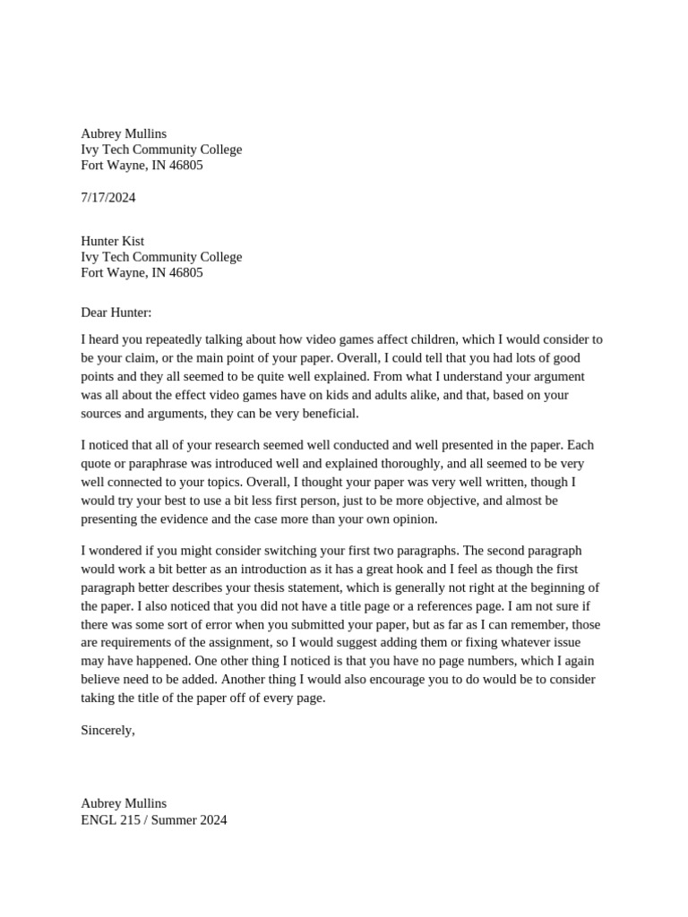 HKist Peer Response Professional Letter | PDF