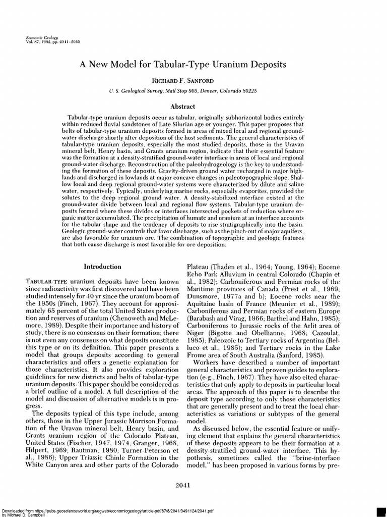 Sanford TabularUranium1992 | PDF | Geology | Earth Sciences