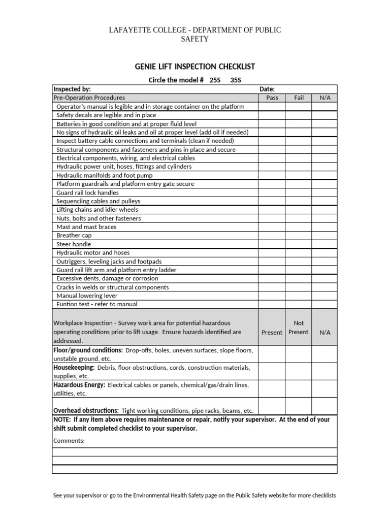 Genie 25S 35S Inspection Checklist | PDF